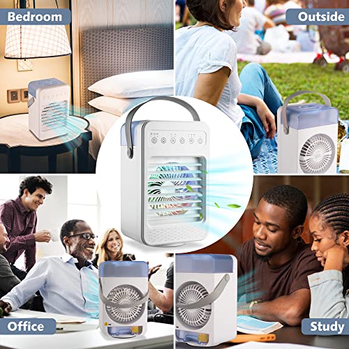 Portable Air Conditioner Fan, Small Air Conditioner Household Cooling Spray Fan-4 Fan Speeds, Multiple Light Colors， Duration 8h, USB Desktop Cooling Fan for Home, Bedroom, Indoor, and Office