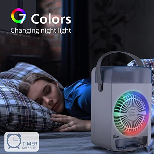 Portable Air Conditioner Fan, Small Air Conditioner Household Cooling Spray Fan-4 Fan Speeds, Multiple Light Colors， Duration 8h, USB Desktop Cooling Fan for Home, Bedroom, Indoor, and Office