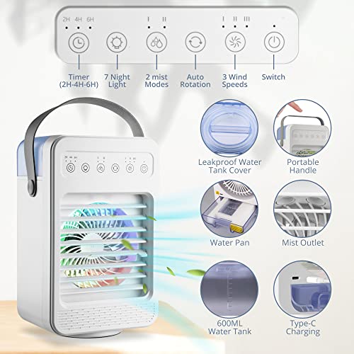 Portable Air Conditioner Fan, Small Air Conditioner Household Cooling Spray Fan-4 Fan Speeds, Multiple Light Colors， Duration 8h, USB Desktop Cooling Fan for Home, Bedroom, Indoor, and Office