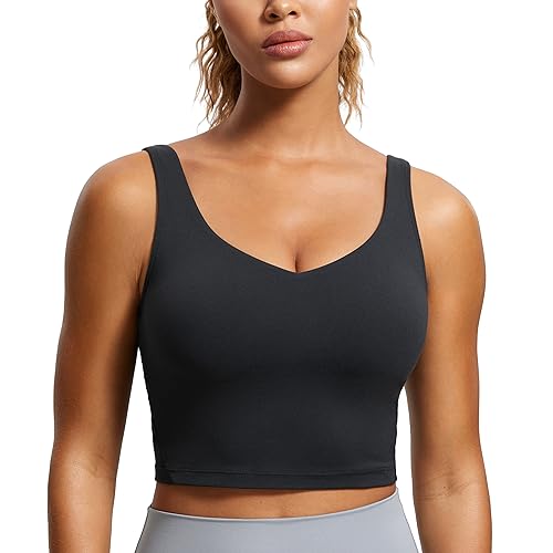 CRZ YOGA Butterluxe Womens V Neck Longline Sports Bra - Padded Workout Crop Tank Top with Built in Bra Black Medium