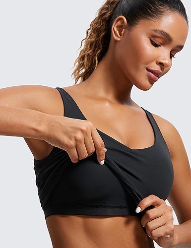 CRZ YOGA Butterluxe Womens V Neck Longline Sports Bra - Padded Workout Crop Tank Top with Built in Bra Black Medium