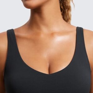 CRZ YOGA Butterluxe Womens V Neck Longline Sports Bra - Padded Workout Crop Tank Top with Built in Bra Black Medium