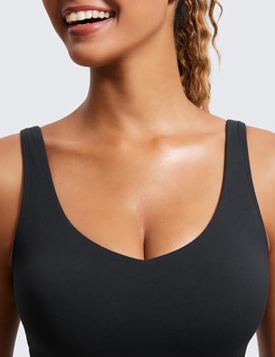 CRZ YOGA Butterluxe Womens V Neck Longline Sports Bra - Padded Workout Crop Tank Top with Built in Bra Black Medium