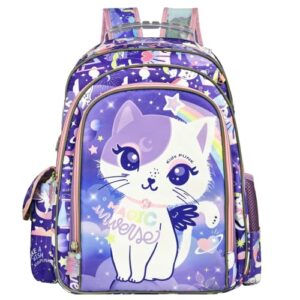 girls backpack 16 inch cute cat backpack for girls elementary kindergarten kids backpacks for girls kawaii light purple backpack large capacity with lots of pockets