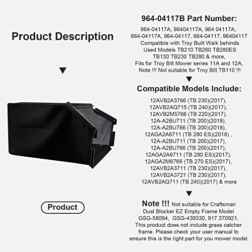 superbobi 964-04117A Lawnmower Grass Bag - Compatible with Troy Bilt 21" Lawnmowers TB210, TB260, TB130, TB230, TB280ES and MTD 964-04117B, 664-04117A