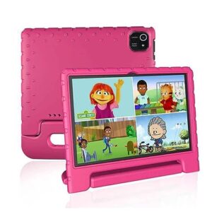 jren kids tablet, 10" tablet for kids,ips hd display 1280 x 800,1080p, ram 4gb and 64gb storage, google family link kidsspace pre-installed, youtube neflix,ages 6-12,color pink