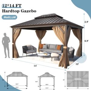 EROMMY 12' x 14' Hardtop Gazebo, Galvanized Steel Double Roof Canopy with Aluminum Frame, Permanent Metal Pavilion with Netting and Shaded Curtains for Patio, Backyard, Deck and Lawns