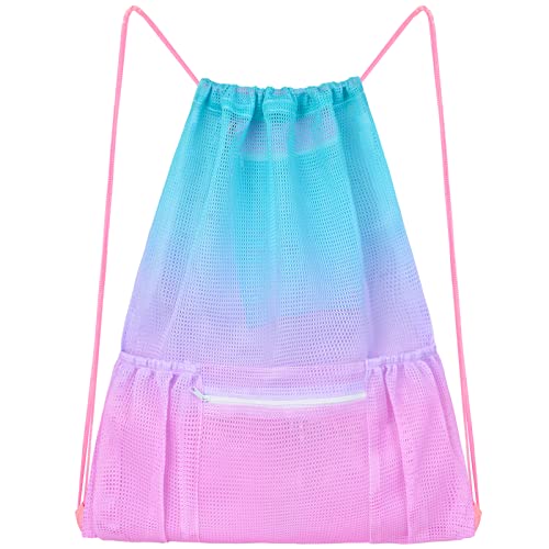 Fiodrimy Mesh Drawstring Backpack Bag Beach Bag with Zipper Pocket Gym Backpack Bag for Swimming Gear Gym Storage Bag for Adult Kids (Pink)