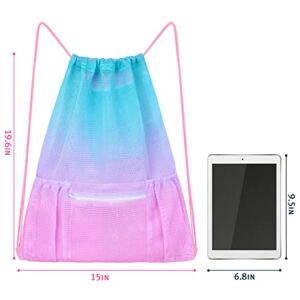 Fiodrimy Mesh Drawstring Backpack Bag Beach Bag with Zipper Pocket Gym Backpack Bag for Swimming Gear Gym Storage Bag for Adult Kids (Pink)