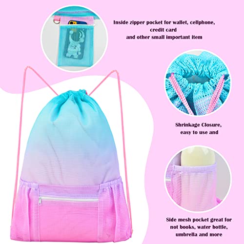 Fiodrimy Mesh Drawstring Backpack Bag Beach Bag with Zipper Pocket Gym Backpack Bag for Swimming Gear Gym Storage Bag for Adult Kids (Pink)