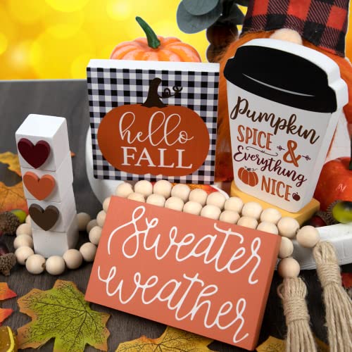 DAZONGE 7PCS Fall Decorations for Home, Happy Fall Decor, Hello Fall, 3D Heart, Sweater Weather, Bead Garland, Pumpkin Mug Fall Signs, Fall Tiered Tray Decor, Rustic Fall Tabletop Decor