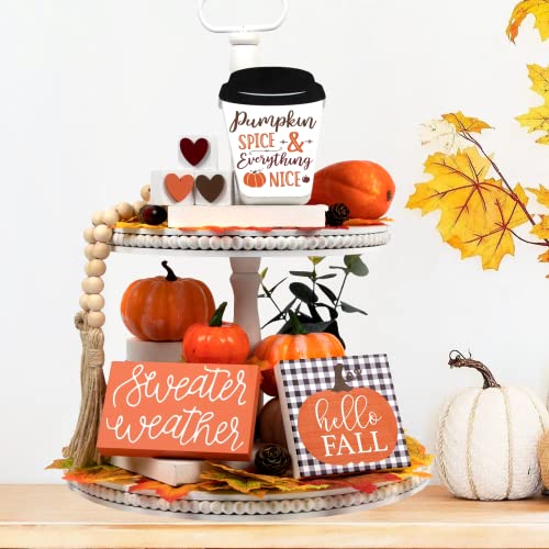 DAZONGE 7PCS Fall Decorations for Home, Happy Fall Decor, Hello Fall, 3D Heart, Sweater Weather, Bead Garland, Pumpkin Mug Fall Signs, Fall Tiered Tray Decor, Rustic Fall Tabletop Decor