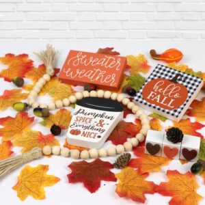 DAZONGE 7PCS Fall Decorations for Home, Happy Fall Decor, Hello Fall, 3D Heart, Sweater Weather, Bead Garland, Pumpkin Mug Fall Signs, Fall Tiered Tray Decor, Rustic Fall Tabletop Decor