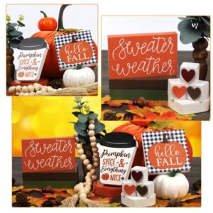 DAZONGE 7PCS Fall Decorations for Home, Happy Fall Decor, Hello Fall, 3D Heart, Sweater Weather, Bead Garland, Pumpkin Mug Fall Signs, Fall Tiered Tray Decor, Rustic Fall Tabletop Decor