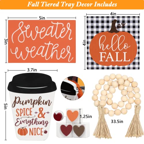 DAZONGE 7PCS Fall Decorations for Home, Happy Fall Decor, Hello Fall, 3D Heart, Sweater Weather, Bead Garland, Pumpkin Mug Fall Signs, Fall Tiered Tray Decor, Rustic Fall Tabletop Decor