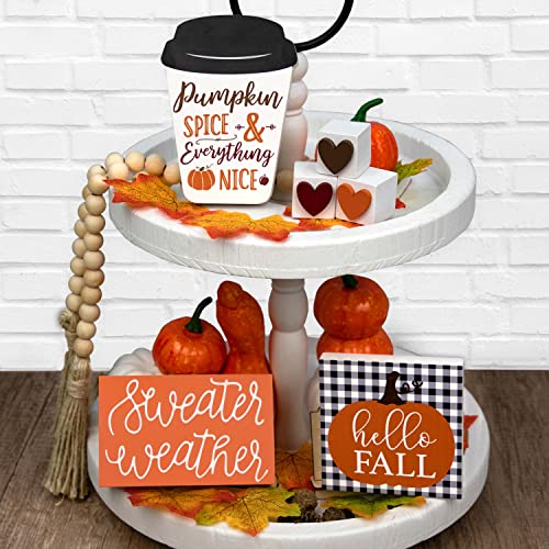 DAZONGE 7PCS Fall Decorations for Home, Happy Fall Decor, Hello Fall, 3D Heart, Sweater Weather, Bead Garland, Pumpkin Mug Fall Signs, Fall Tiered Tray Decor, Rustic Fall Tabletop Decor