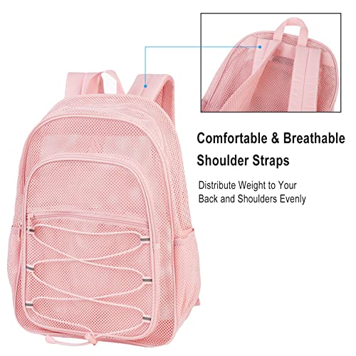 COVAX Heavy Duty Mesh Backpack, See Through College Mesh Backpack, Semi-transparent Mesh Bookbag with Bungee and Comfort Padded Straps for Commuting, Swimming, Beach, Outdoor Sports (Pink)