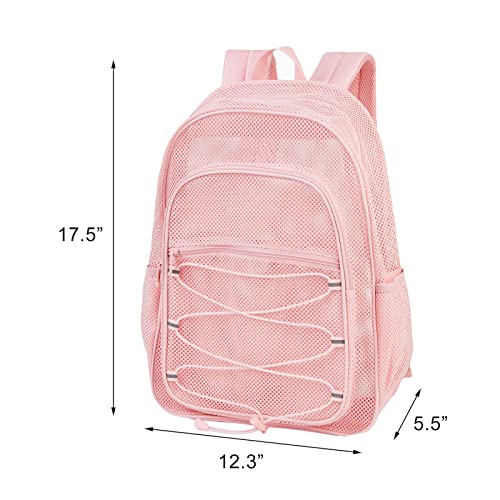 COVAX Heavy Duty Mesh Backpack, See Through College Mesh Backpack, Semi-transparent Mesh Bookbag with Bungee and Comfort Padded Straps for Commuting, Swimming, Beach, Outdoor Sports (Pink)