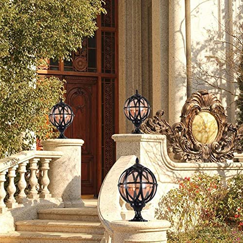 CZLZY Outdoor Waterproof E27 Pillar Post Lamps Retro Globe Column Light Lantern Classic Aluminium Die-Casting Glass Creative Ball Courtyard Patio Porch Gate Landscape Street Lighting Fixture