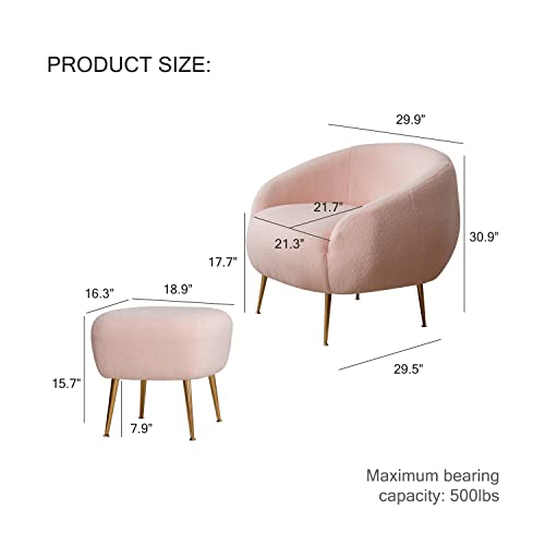 Kiztir Pink Accent Chair, Reading Chair with Ottoman/Gold Legs, Sherpa Accent Chair for Living Room, Bedroom or Reception Room