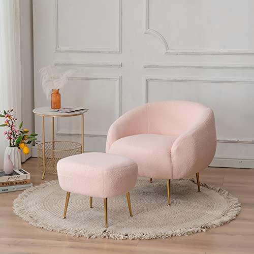 Kiztir Pink Accent Chair, Reading Chair with Ottoman/Gold Legs, Sherpa Accent Chair for Living Room, Bedroom or Reception Room