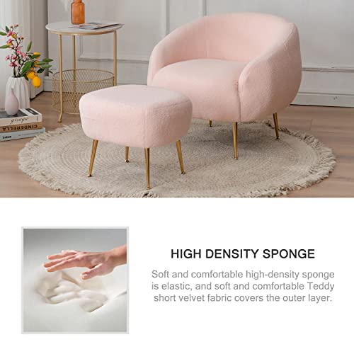 Kiztir Pink Accent Chair, Reading Chair with Ottoman/Gold Legs, Sherpa Accent Chair for Living Room, Bedroom or Reception Room