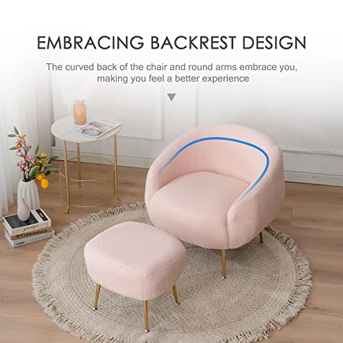 Kiztir Pink Accent Chair, Reading Chair with Ottoman/Gold Legs, Sherpa Accent Chair for Living Room, Bedroom or Reception Room