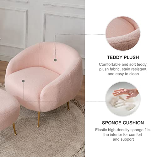 Kiztir Pink Accent Chair, Reading Chair with Ottoman/Gold Legs, Sherpa Accent Chair for Living Room, Bedroom or Reception Room