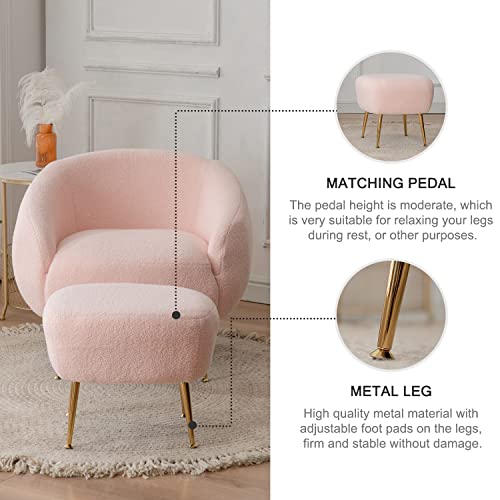 Kiztir Pink Accent Chair, Reading Chair with Ottoman/Gold Legs, Sherpa Accent Chair for Living Room, Bedroom or Reception Room