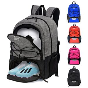 wolt | youth soccer bag - soccer backpack & bags for basketball, volleyball & football sports, includes separate cleat shoe and ball compartment, fit to youth & adult (grey)