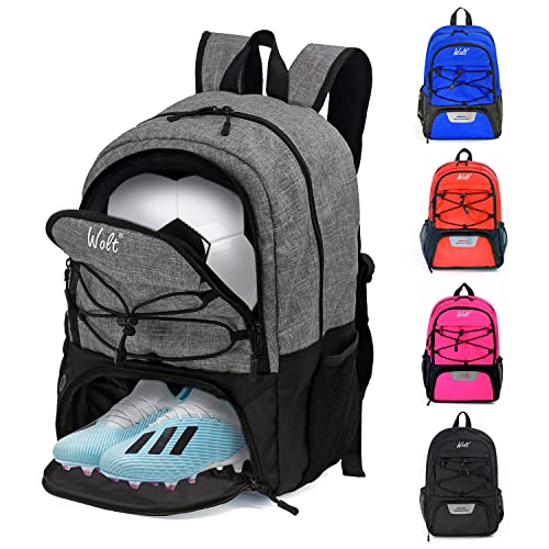 WOLT | Youth Soccer Bag - Soccer Backpack & Bags for Basketball, Volleyball & Football Sports, Includes Separate Cleat Shoe and Ball Compartment, fit to Youth & Adult (Grey)