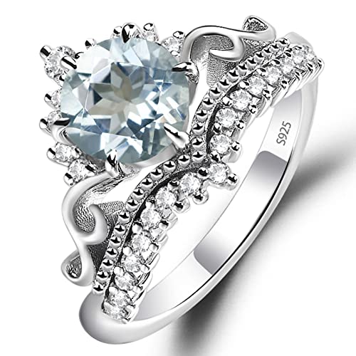 LUO 925 Sterling Silver Round 7 MM Aquamarine Ring Princess Crown Tiara Engagement Ring for Women US Size 10