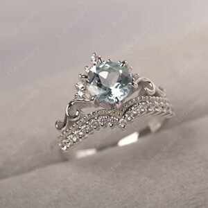 LUO 925 Sterling Silver Round 7 MM Aquamarine Ring Princess Crown Tiara Engagement Ring for Women US Size 10