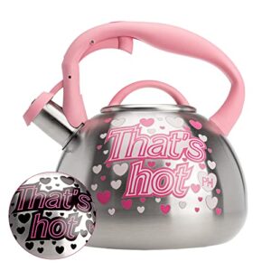 paris hilton whistling stovetop tea kettle, stainless steel with color changing heat indicator design, soft touch handle, 2.5-quart, pink