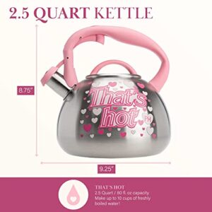 Paris Hilton Whistling Stovetop Tea Kettle, Stainless Steel with Color Changing Heat Indicator Design, Soft Touch Handle, 2.5-Quart, Pink