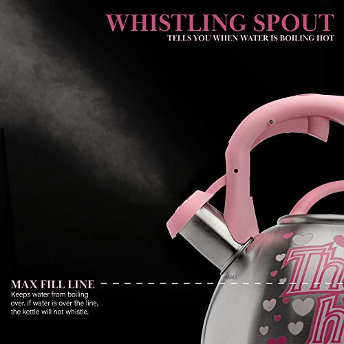 Paris Hilton Whistling Stovetop Tea Kettle, Stainless Steel with Color Changing Heat Indicator Design, Soft Touch Handle, 2.5-Quart, Pink