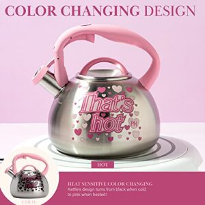 Paris Hilton Whistling Stovetop Tea Kettle, Stainless Steel with Color Changing Heat Indicator Design, Soft Touch Handle, 2.5-Quart, Pink