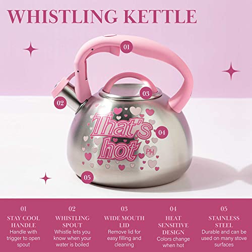 Paris Hilton Whistling Stovetop Tea Kettle, Stainless Steel with Color Changing Heat Indicator Design, Soft Touch Handle, 2.5-Quart, Pink