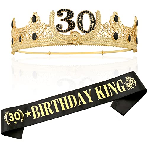 30TH Birthday King Crown and Sash Gifts for Men. Birthday Party Decoration(Gold)