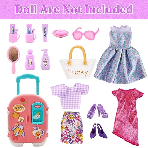 Doll Travel Clothes and Accessories for 11.5 inch Doll Travel Carrier Storage Including Luggage 3 Sets Clothes Sunglasses Handbag Shoes (Doll is Not Included)