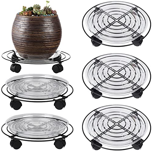 5 Packs Large Metal Plant Caddy 13.8” Plant Dolly with Wheels Heavy-Duty Wrought Iron Rolling Plant Stand with Casters for Indoor and Outdoor Plant Pot Rollers Black, Plastic Saucers Included