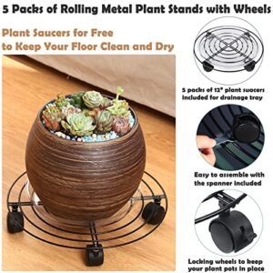 5 Packs Large Metal Plant Caddy 13.8” Plant Dolly with Wheels Heavy-Duty Wrought Iron Rolling Plant Stand with Casters for Indoor and Outdoor Plant Pot Rollers Black, Plastic Saucers Included