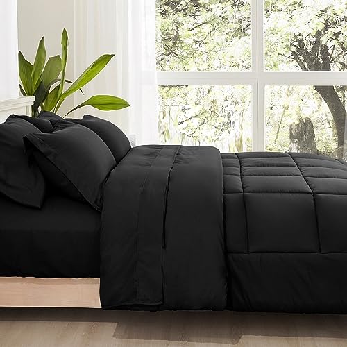 PHF 7 Pieces Queen Comforter Set Black, Bed in a Bag Comforter & 16" Sheet Set All Season, Ultra Soft Noiseless Bedding Sets with Comforter, Sheets, Pillowcases & Shams