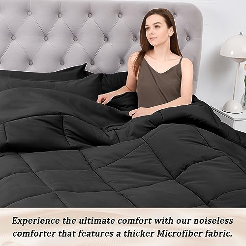 PHF 7 Pieces Queen Comforter Set Black, Bed in a Bag Comforter & 16" Sheet Set All Season, Ultra Soft Noiseless Bedding Sets with Comforter, Sheets, Pillowcases & Shams