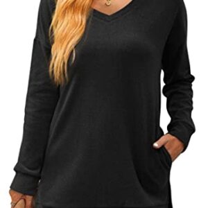 Aloodor Black Sweatshirt for Women Long Sleeve V-Neck Pullover Shirts Casual Fall/Winter Tops L