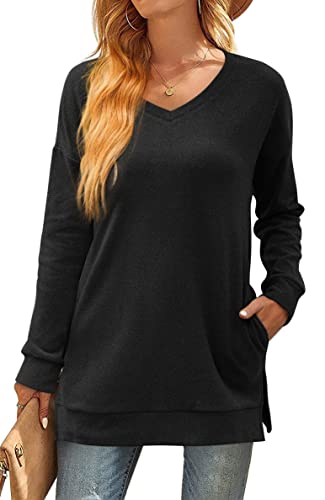 Aloodor Black Sweatshirt for Women Long Sleeve V-Neck Pullover Shirts Casual Fall/Winter Tops L