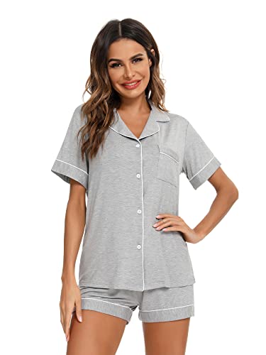 Aamikast Button Up Pajama Set for Women Shorts Short Sleeve Knit Sleepwear 2 Pice Pjs Sets (X-Large, Light Gray)