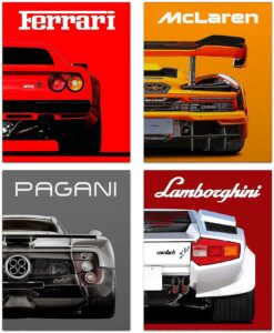 modern car posters classic supercar wall art prints, cool racing ferrari lamborghini mclaren pagani canvas posters for man cave boys room wall decor, sports car art prints, set of 4 (8"x10" unframed)