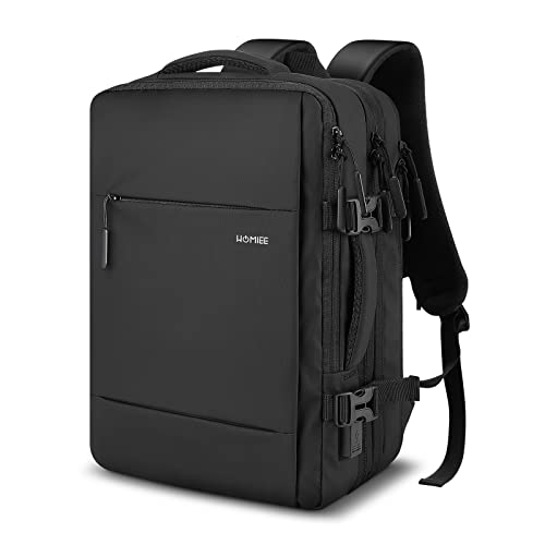 HOMIEE Travel Laptop Backpack TSA Friendly Flight Approved Carry-on Bags with USB Charging Port, 40L Expandable Luggage Daypack Large Suitcase Durable Weekender Bag, Black