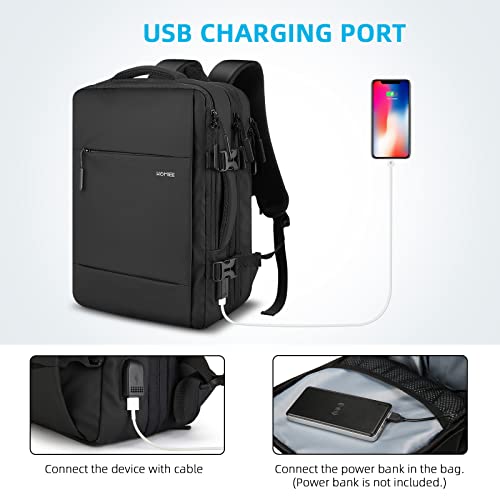 HOMIEE Travel Laptop Backpack TSA Friendly Flight Approved Carry-on Bags with USB Charging Port, 40L Expandable Luggage Daypack Large Suitcase Durable Weekender Bag, Black